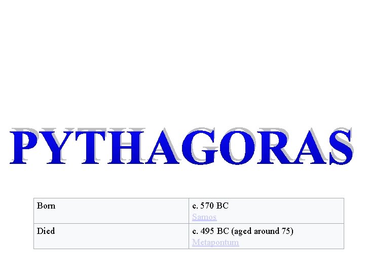 PYTHAGORAS Born c 570 BC Samos Died c