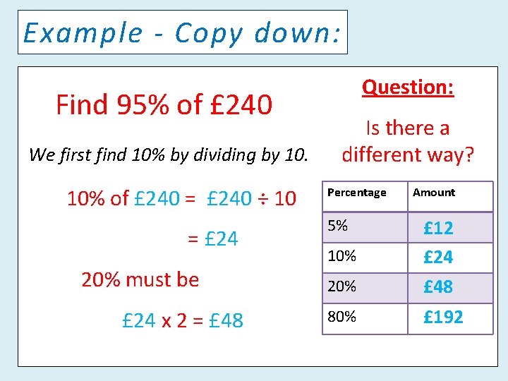 Starter Answers Percentages LO To be able to