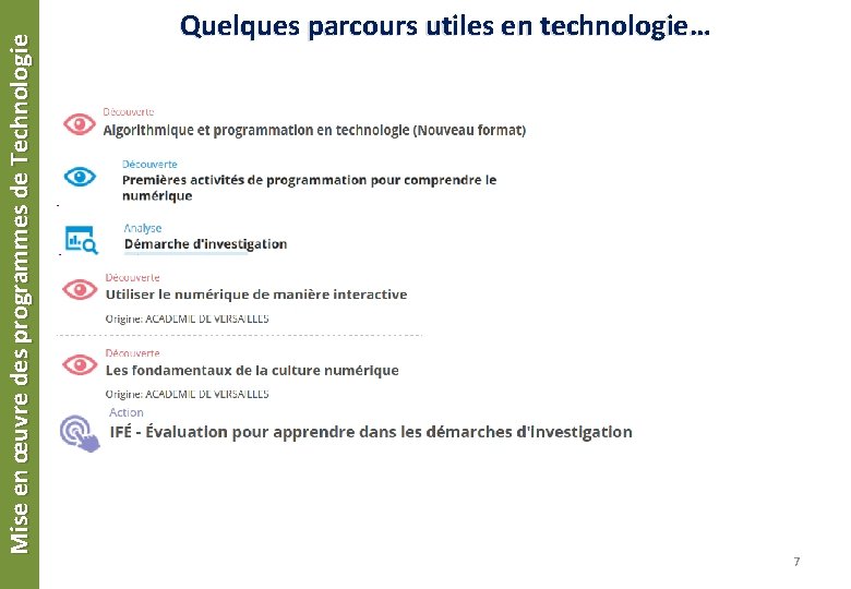 Mise en uvre des programmes de Technologie Mise