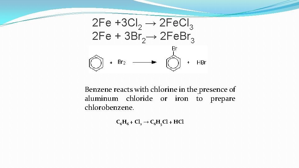 Chlorination of Benzene Benzene reacts with halogens salt