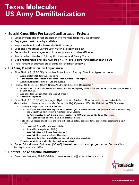Texas Molecular US Army Demilitarization Special Capabilities For