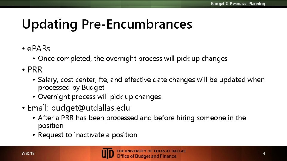 PreEncumbrances Budget Resource Planning Agenda PreEncumbrance Overview ...