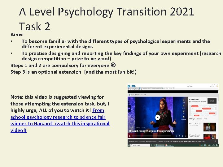 A Level Psychology Transition 2021 Task 2 Aims