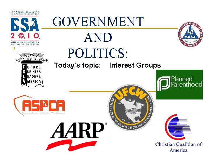 GOVERNMENT AND POLITICS Todays topic Interest Groups Definitions