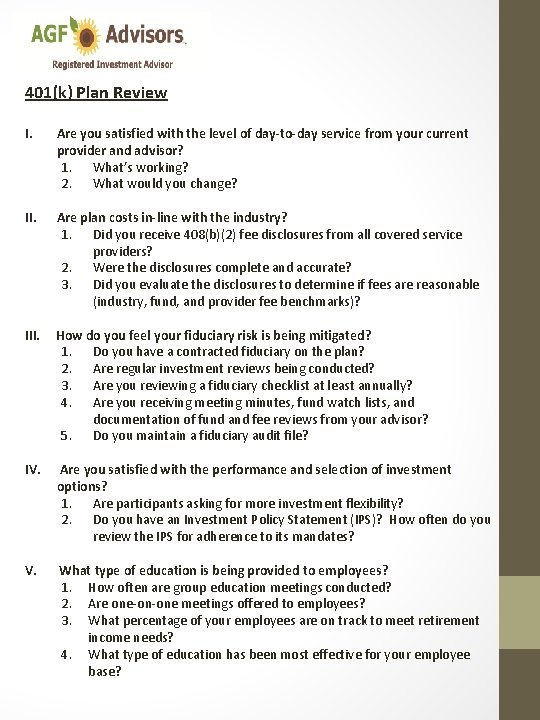 401k Plan Review I Are you satisfied with