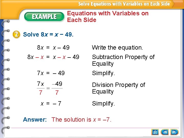 Main Idea Example 1 Writing Equivalent Equations Example