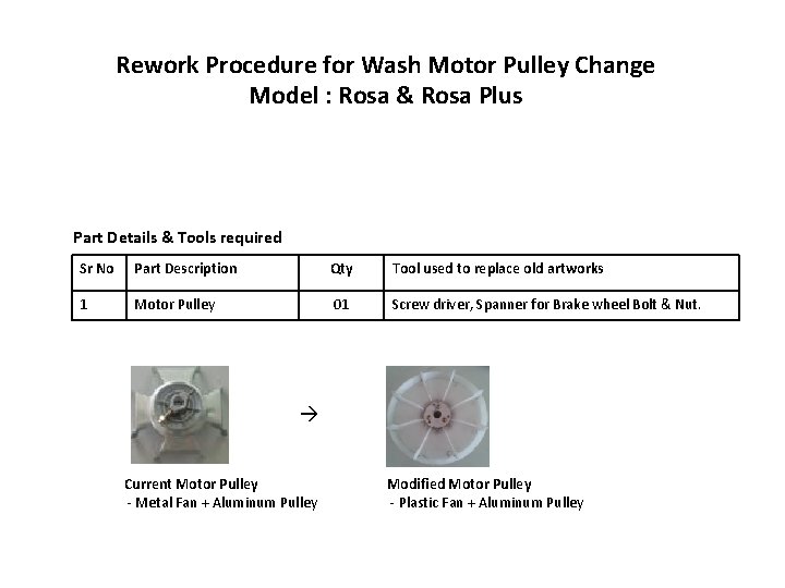 Rework Procedure for Wash Motor Pulley Change Model