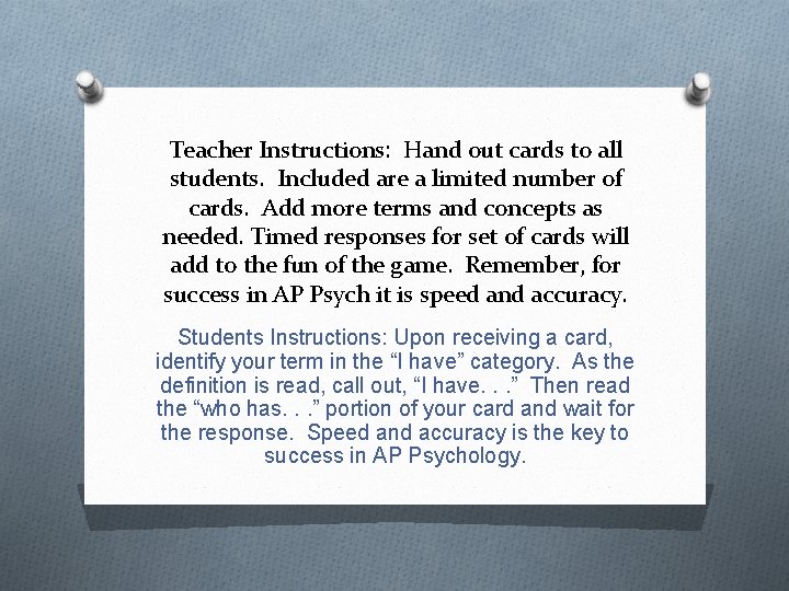 Teacher Instructions Hand out cards to all students