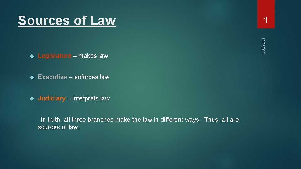 Sources of Law Legislature makes law Executive enforces