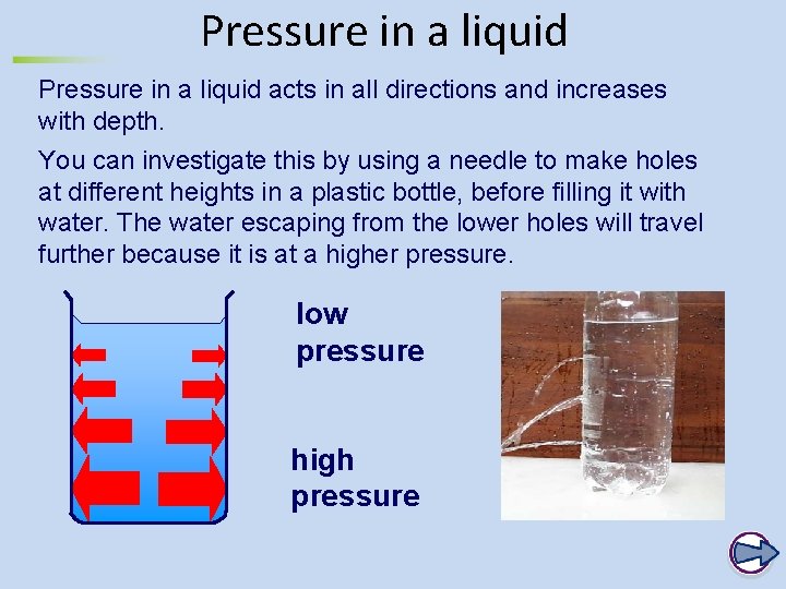 Pressure in a liquid acts in all directions