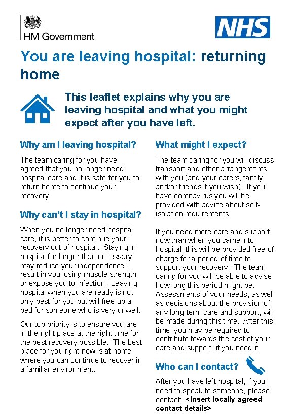 You are leaving hospital returning home This leaflet
