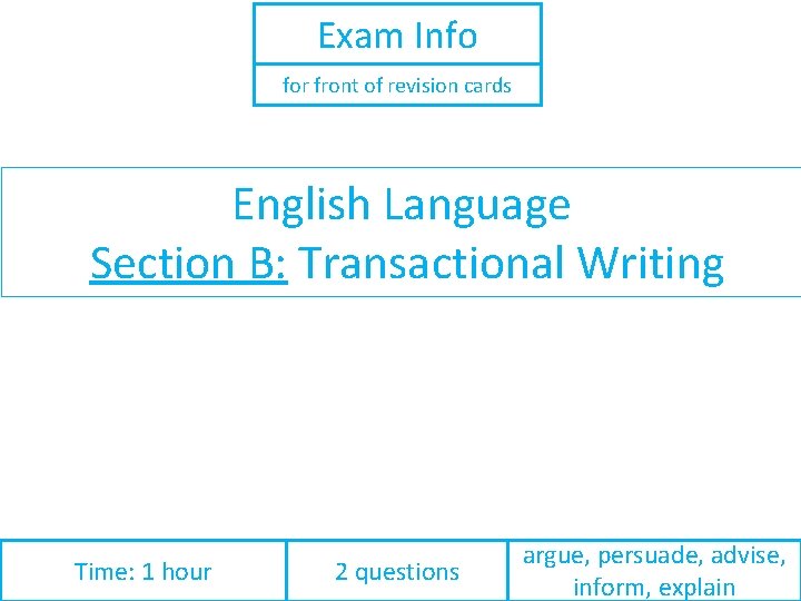Exam Info for front of revision cards English