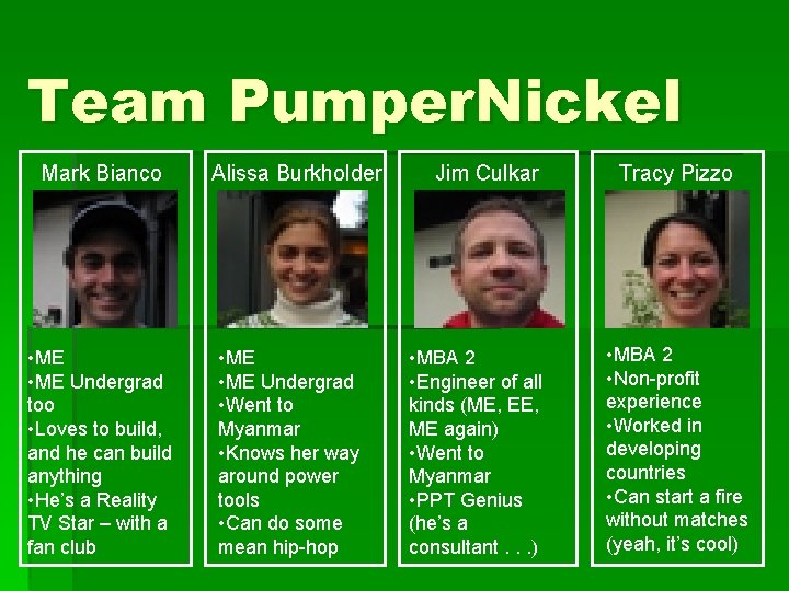 Team Pumper Nickel Mark Bianco ME Undergrad too