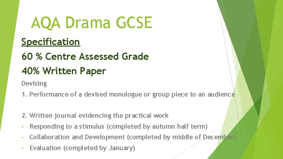 AQA Drama GCSE Specification 60 Centre Assessed Grade