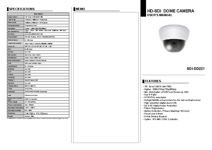 SPECIFICATIONS SDIDD 221 Image Sensor 13 Sony CMOSIMX