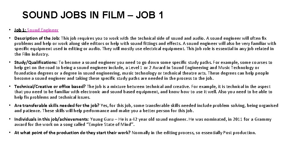 Job roles in the creative media industry sound