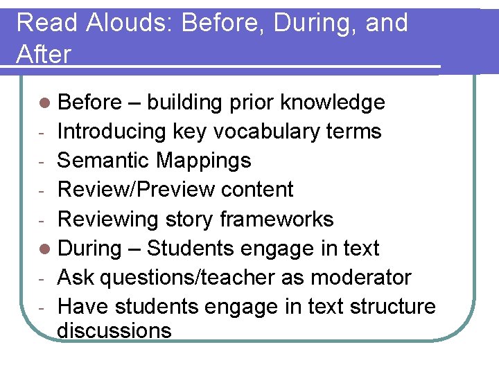 Review of Read Aloud Critical Features for English