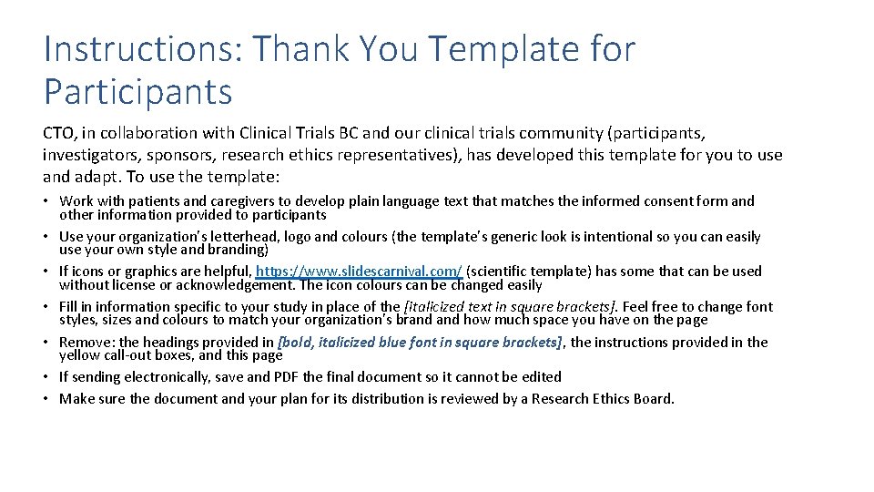 Instructions Thank You Template for Participants CTO in