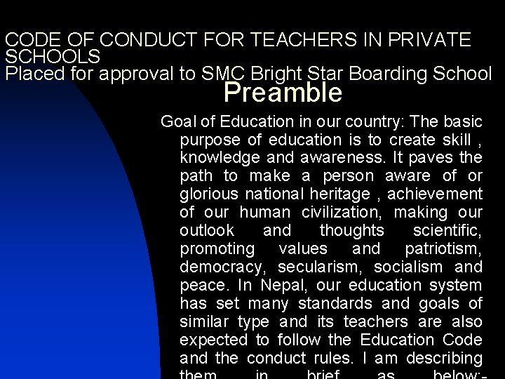 CODE OF CONDUCT FOR TEACHERS IN PRIVATE SCHOOLS