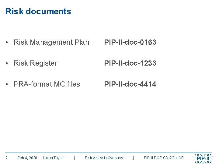 Risk Analysis Overview Lucas Taylor PIPII Risk Manager