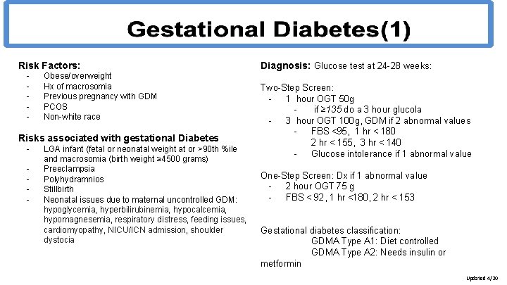 Risk Factors Obeseoverweight Hx of macrosomia Previous pregnancy