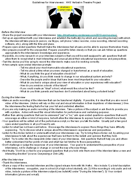 Guidelines for Interviewers HHS Verbatim Theatre Project INTERVIEW