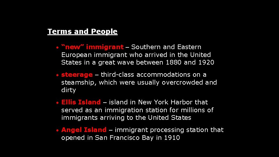 Terms and People new immigrant Southern and Eastern