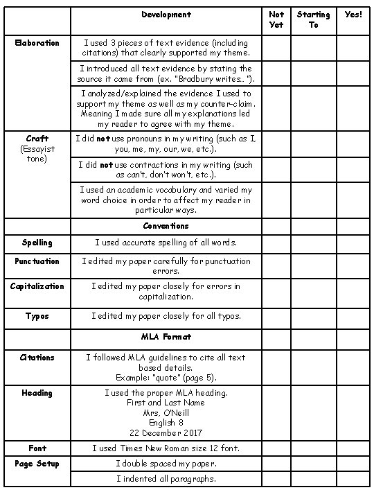 Thematic Essay Checklist Directions Make sure this draft