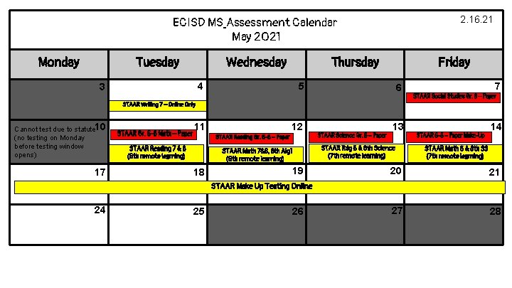 ECISD MS Assessment Calendar February 2021 Monday Tuesday