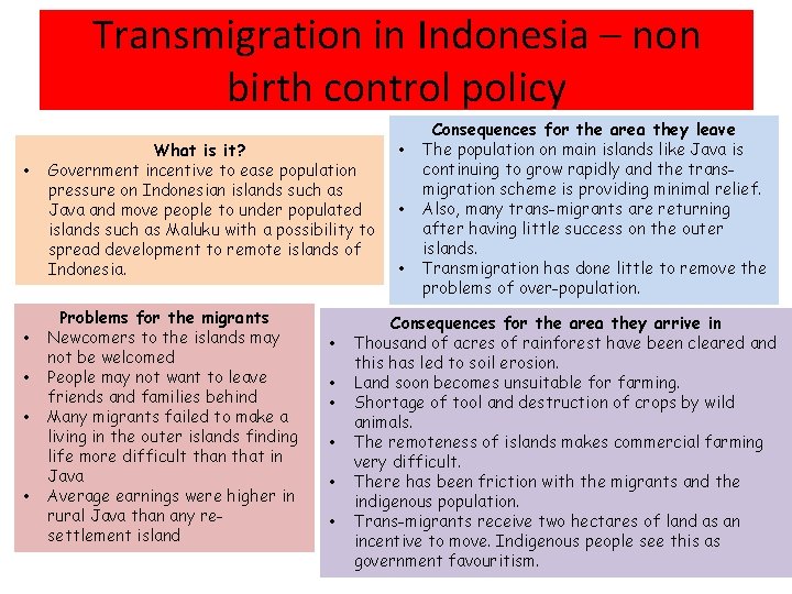 Population Change Transmigration in Indonesia non birth control