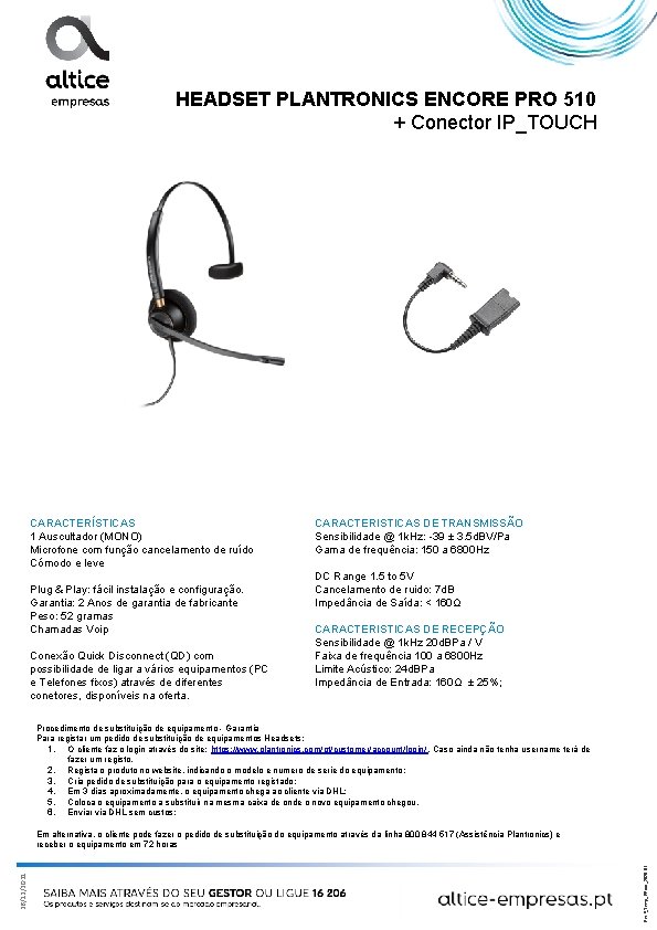 HEADSET PLANTRONICS ENCORE PRO 510 Conector IPTOUCH CARACTERSTICAS