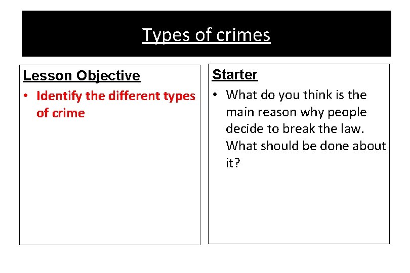 Types of crimes Lesson Objective Identify the different