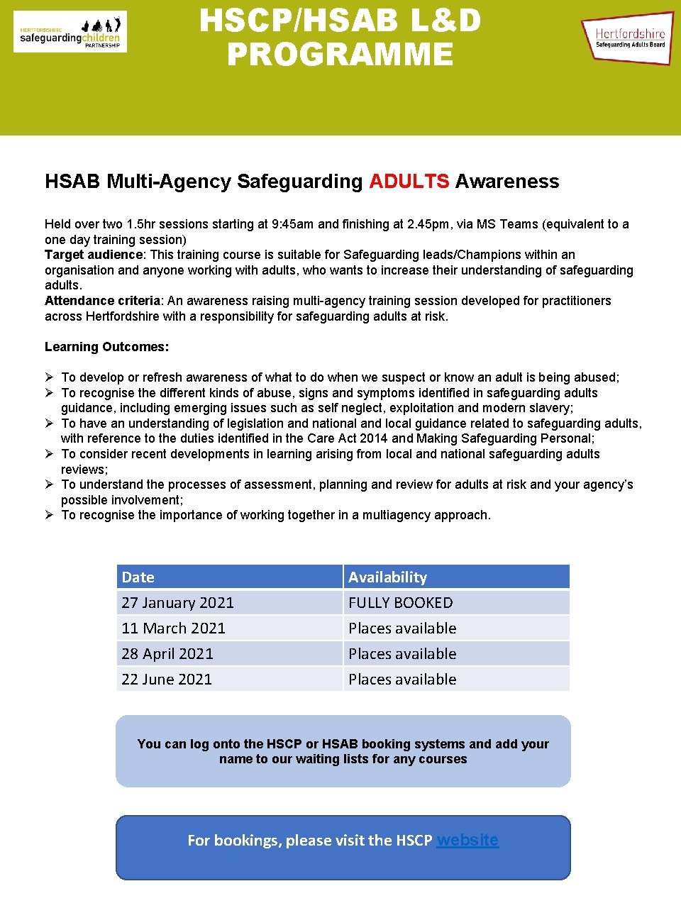 HSCPHSAB LD PROGRAMME January 2021 All our training