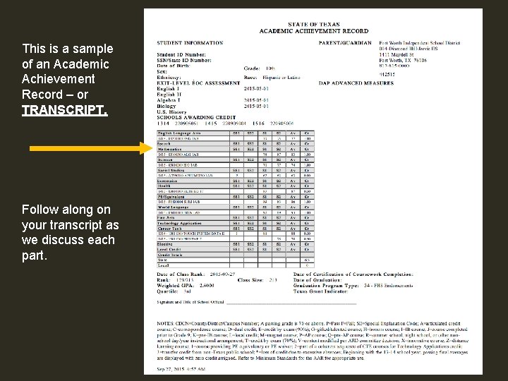 UNDERSTANDING YOUR TRANSCRIPT SOAR Grade 10 This is