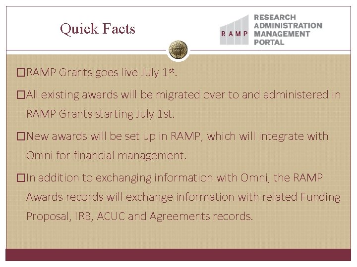 Award Review Completion Training Overview Quick Facts RAMP
