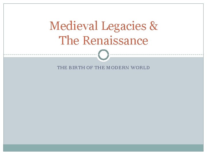 Medieval Legacies The Renaissance THE BIRTH OF THE