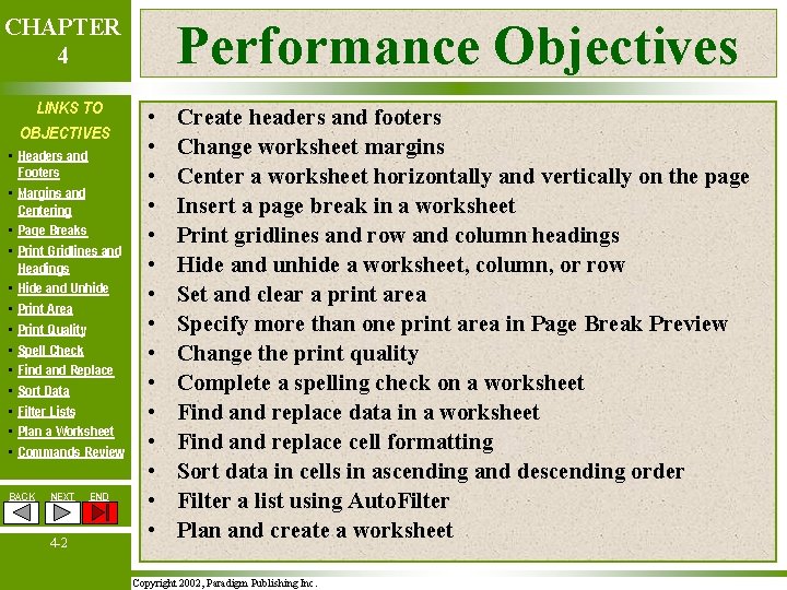 CHAPTER 4 Excel 2002 LINKS TO OBJECTIVES Headers