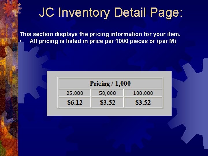 JC MANUFACTURING INC Online Inventory System available www