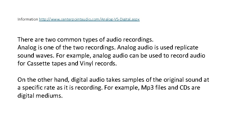 Digital Audio Assignment Analogue vs Digital Audio Digital