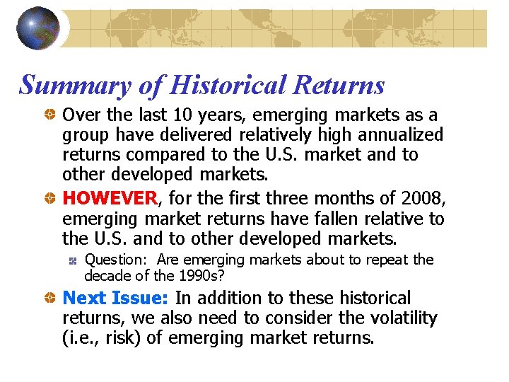 EMERGING EQUITY MARKETS BACK TO THE FUTURE MOUNTAIN