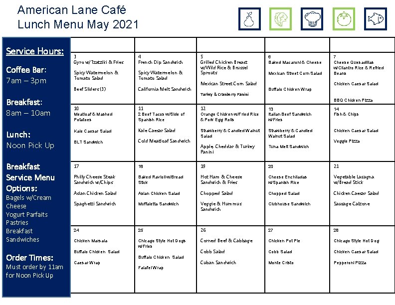 American Lane Caf Lunch Menu May 2021 Service