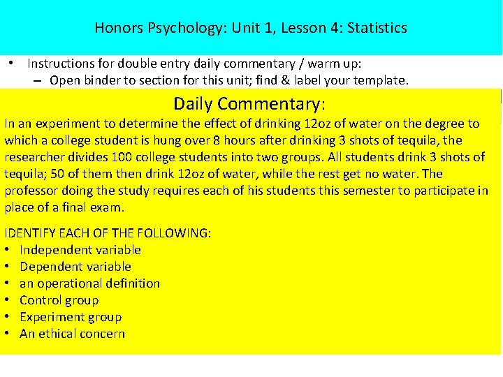 Honors Psychology Unit 1 Lesson 4 Statistics Instructions