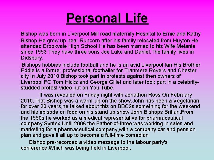 John Bishop By Josh Moran Important Information Birth