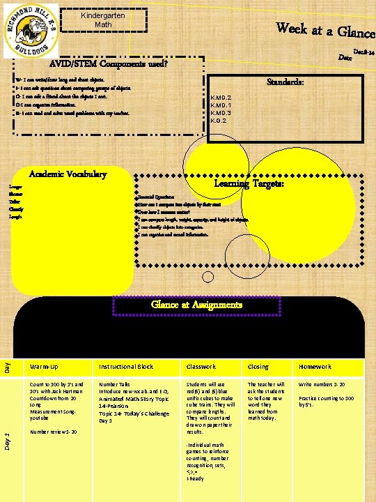 Kindergarten Math Week at a Glance Date AVIDSTEM