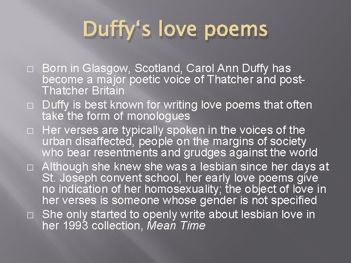4 CAROL ANN DUFFY B 1955 General characteristics