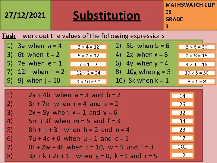27122021 Substitution MATHSWATCH CLIP 95 GRADE 3 L
