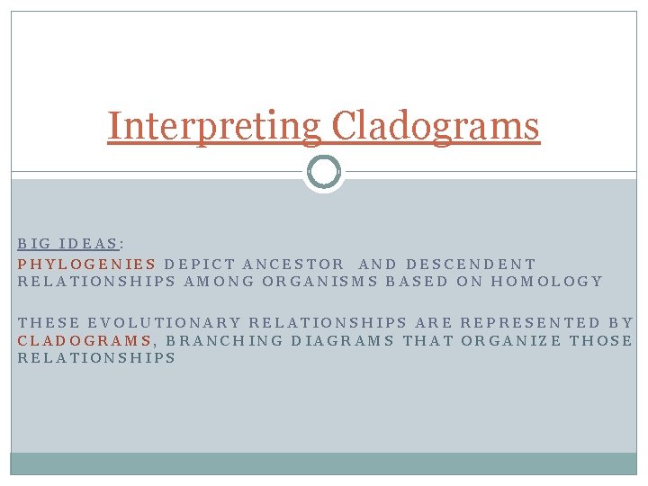 Interpreting Cladograms BIG IDEAS PHYLOGENIES DEPICT ANCESTOR AND