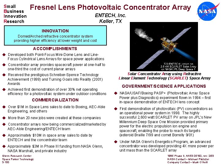 Small Business Innovation Research Fresnel Lens Photovoltaic Concentrator
