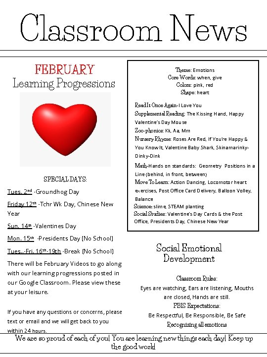 Classroom News FEBRUARY Learning Progressions Theme Emotions Core
