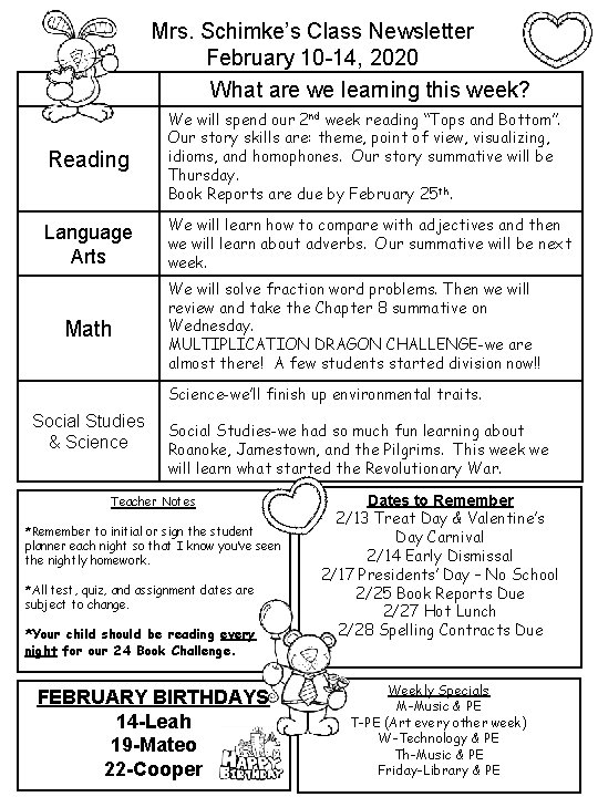 Mrs Schimkes Class Newsletter February 10 14 2020